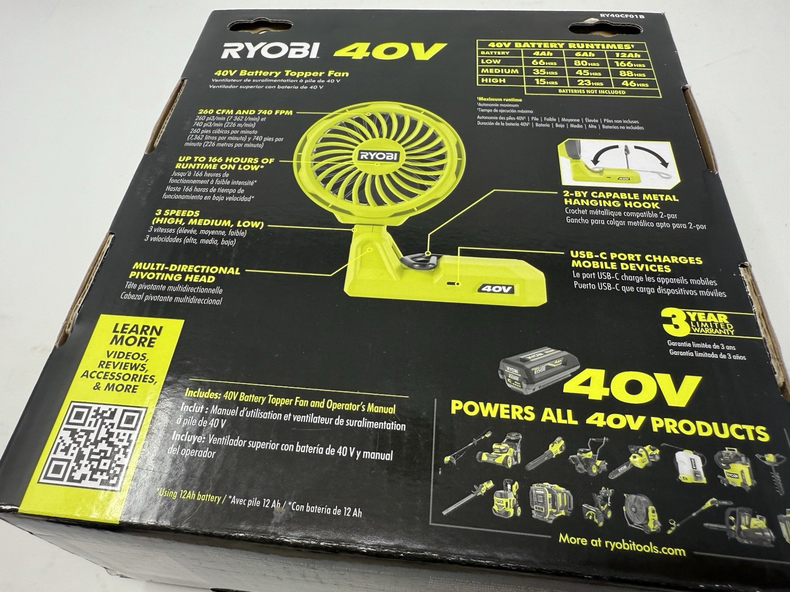 RYOBI 40V CORDLESS 3-SPEED TOPPER FAN RY40CF01B (TOOL ONLY) for sale ...