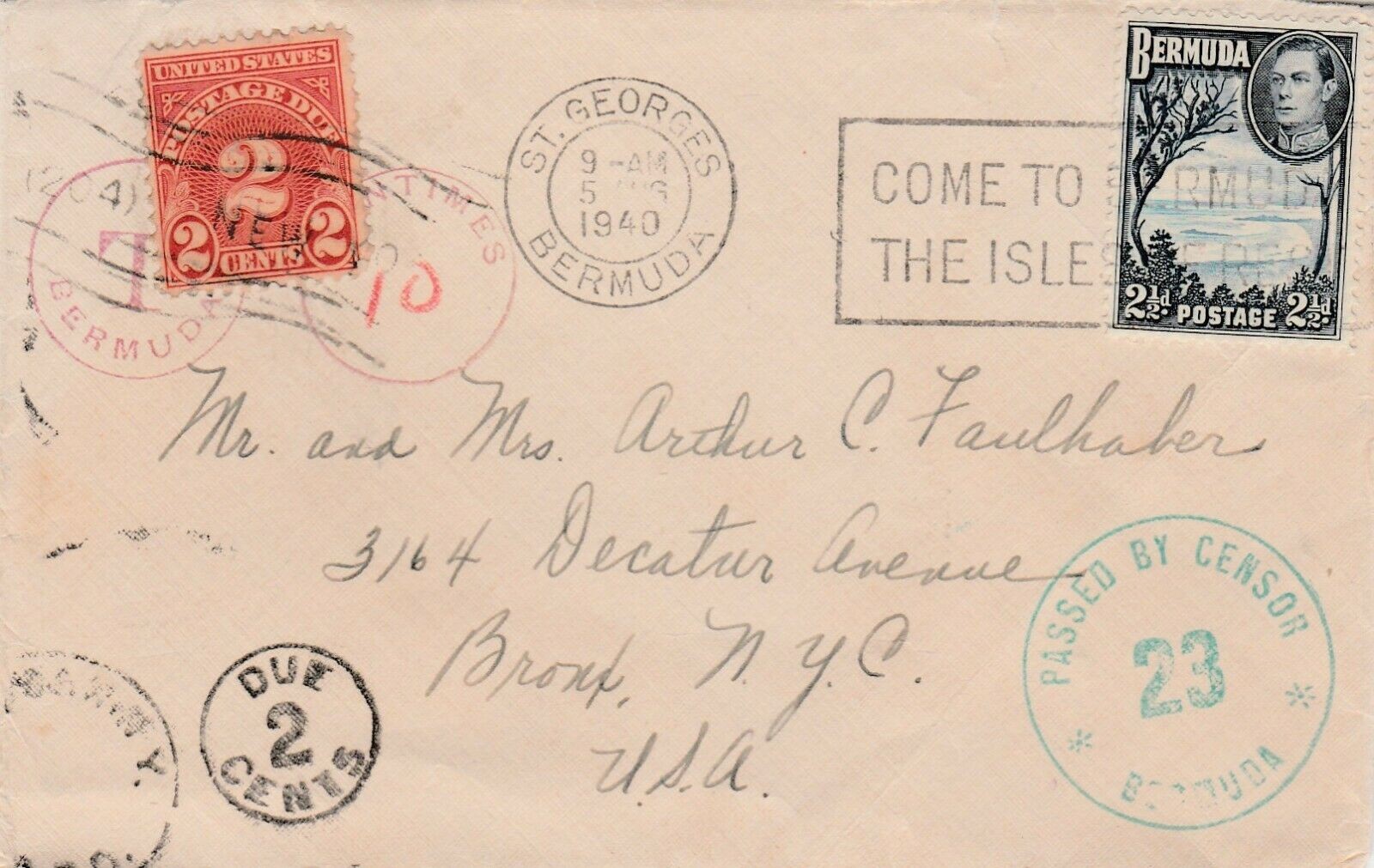 Bermuda to US ST GEORGES George VI 2d half ocean view POSTAGE DUE ...