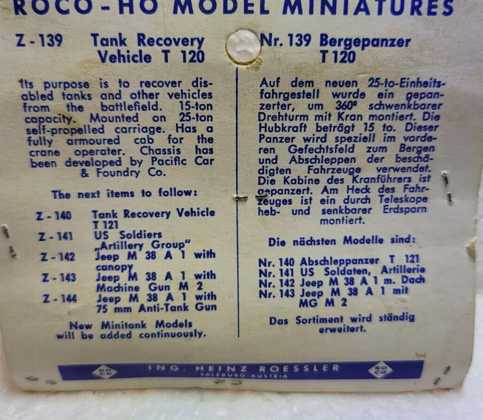 Roco HO Model Minitures Minitanks Z-139 T120 Tank Recovery Vehicle 1/87 ...