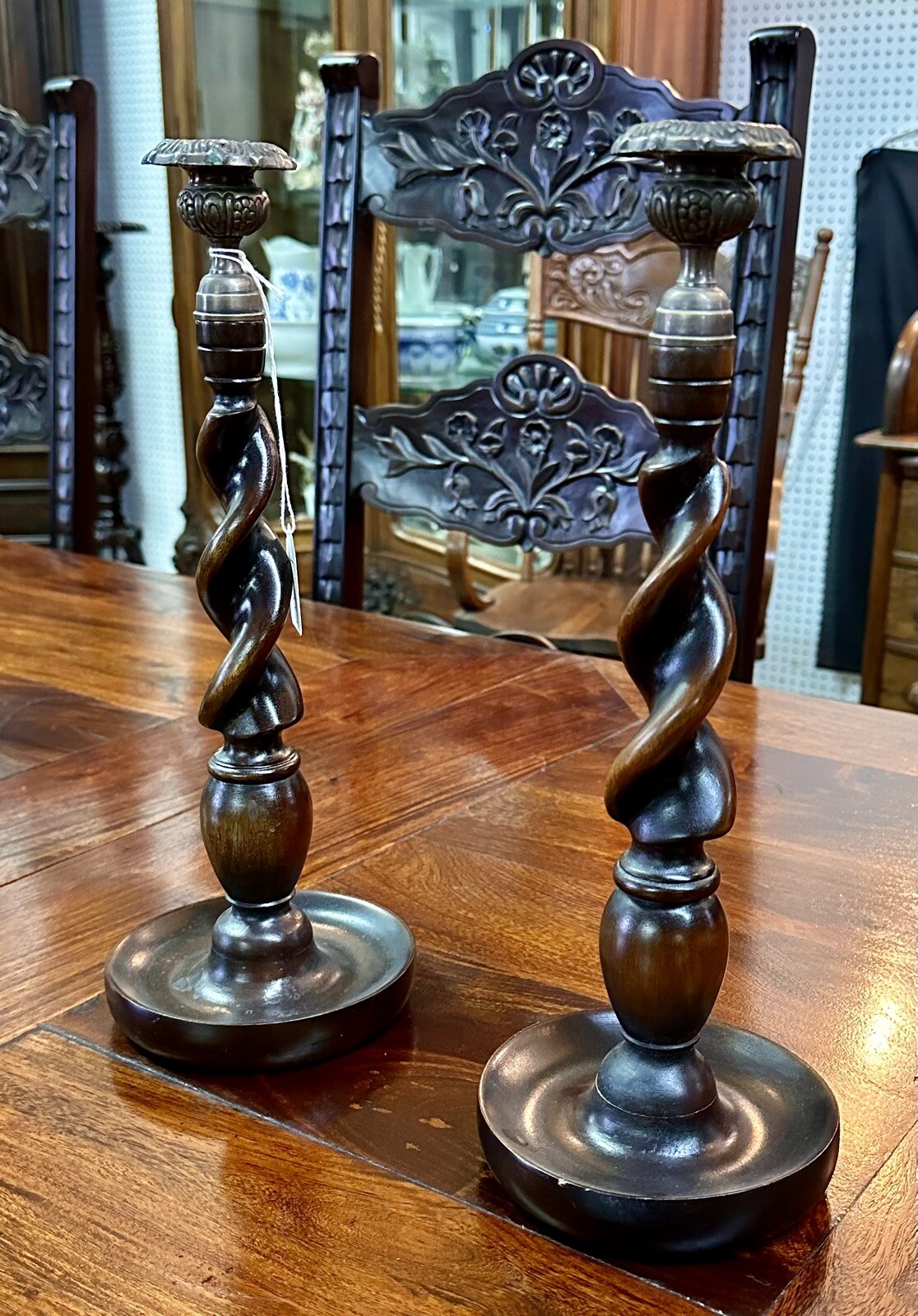 Antique Style LARGE 14" TALL Carved Wooden Barley Twist Candlesticks ...