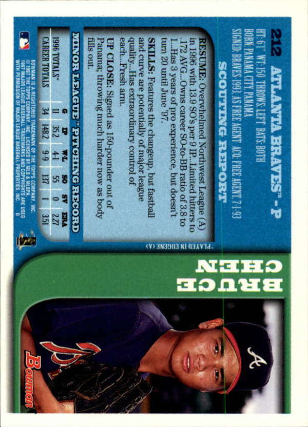 1997 Bowman #212 Bruce Chen Braves NM-MT (RC - Rookie Card) | eBay