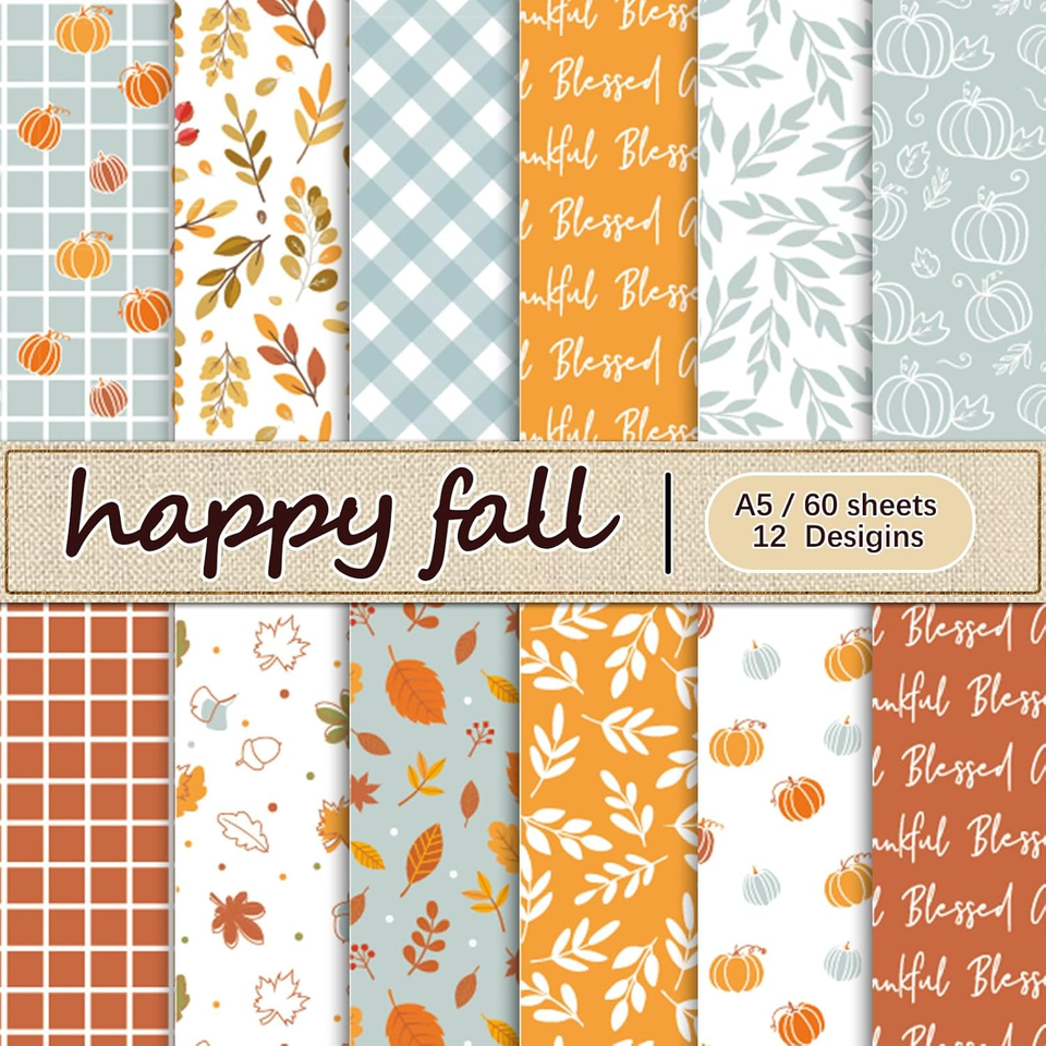 60 Pcs Fall Pattern Paper Autumn Leaves Pumpkin Plaid Waves Craft Paper ...