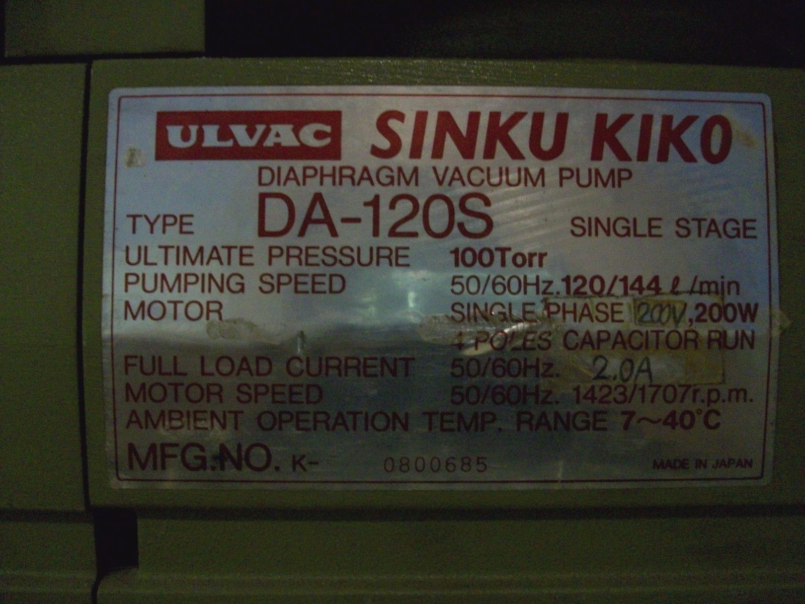 ULVAC SINKO KINKO DA-120S DIAPHRAGM VACUUM PUMP | eBay
