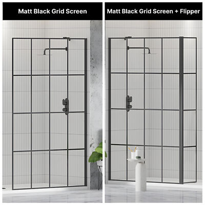 Matt Black Grid Walk In Wet Room Shower Enclosure Screen Flipper Glass ...
