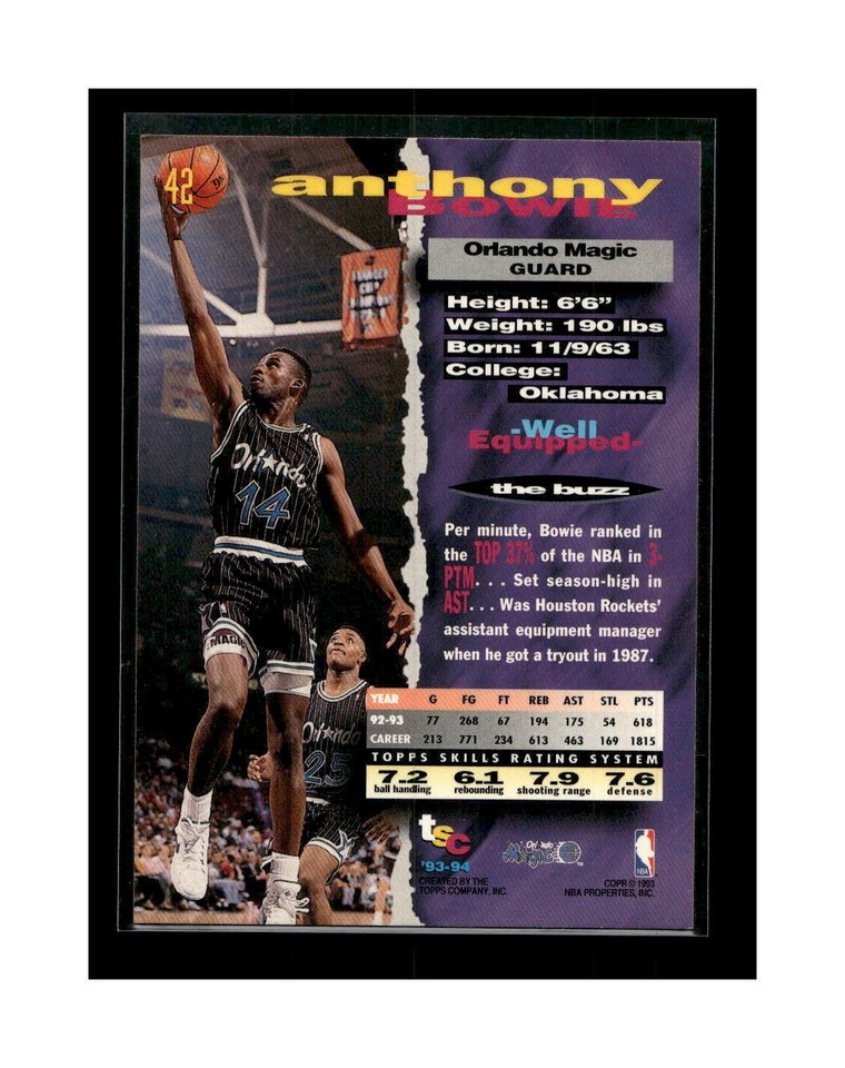 1993-94 Topps Stadium Club Anthony Bowie #42 Orlando Magic | eBay