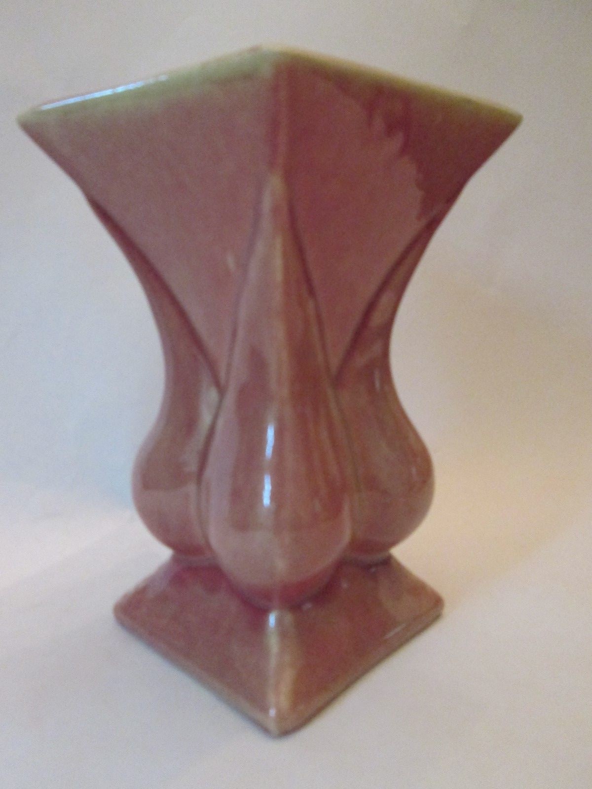 SQUARE FLOWER VASE! Vintage GONDER ART pottery gloss RED FLAMBE glaze ...