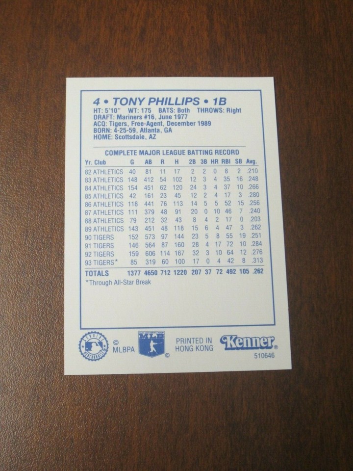 Tony Phillips 1994 Kenner Starting Lineup Card - Detroit Tigers | eBay