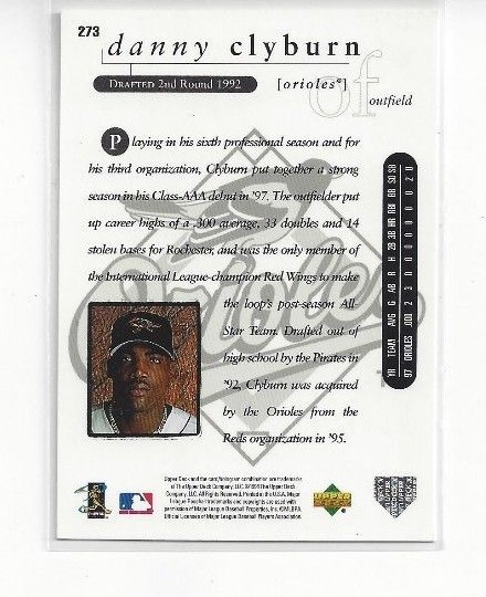 1998 UPPER DECK BASEBALL DANNY CLYBURN #273 STAR ROOKIE - BALTIMORE ...