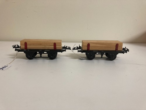 2 X Hornby O Gauge Timber Wagons Black base red stanchions w/sawn ...
