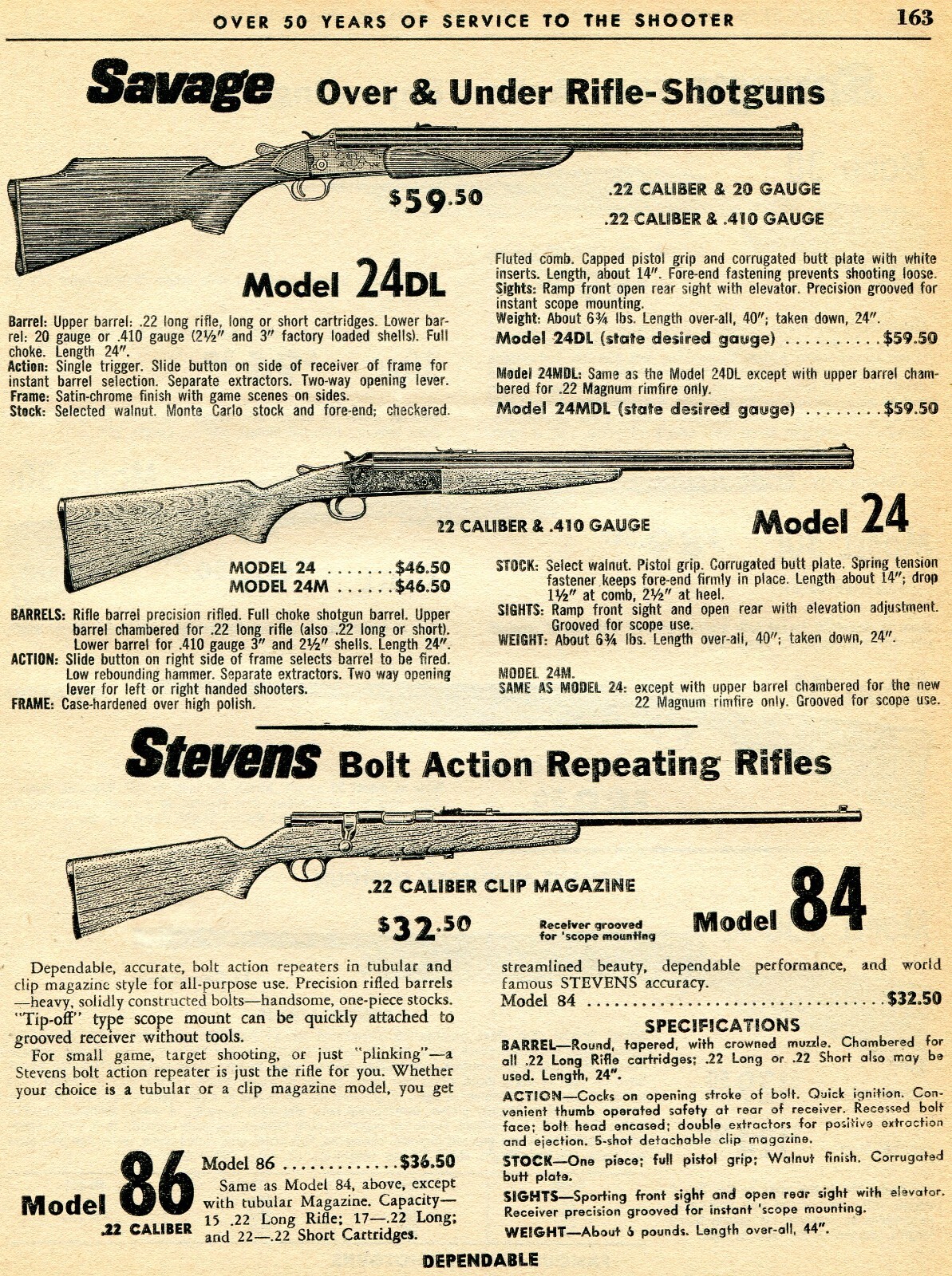 1963 Print Ad of Savage Model 24DL 24 Rifle-Shotgun Combo & Stevens 84 ...