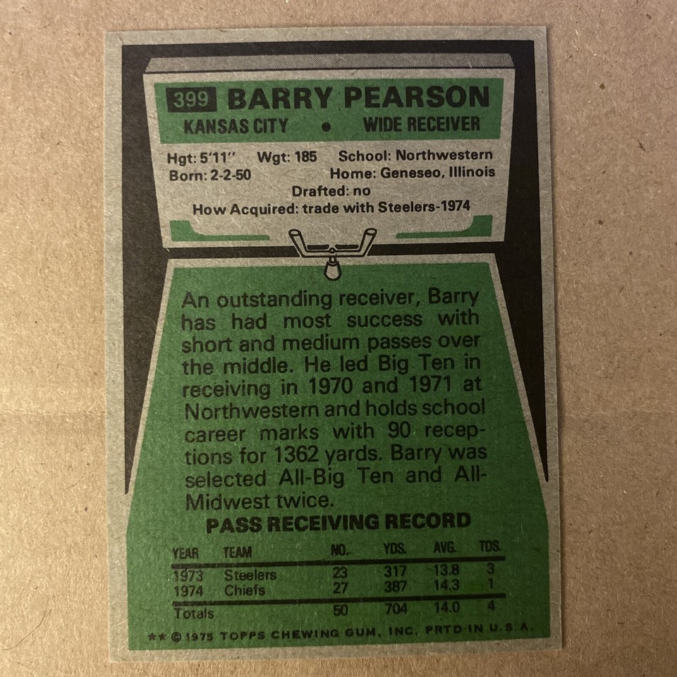 1975 Topps Football Barry Pearson Kansas City Chiefs Card #399 | eBay
