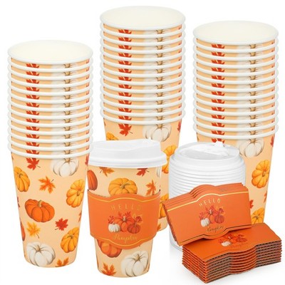 50 Pcs 16oz Fall Disposable Coffee Cups Pumpkin Maple Leaves Paper To ...
