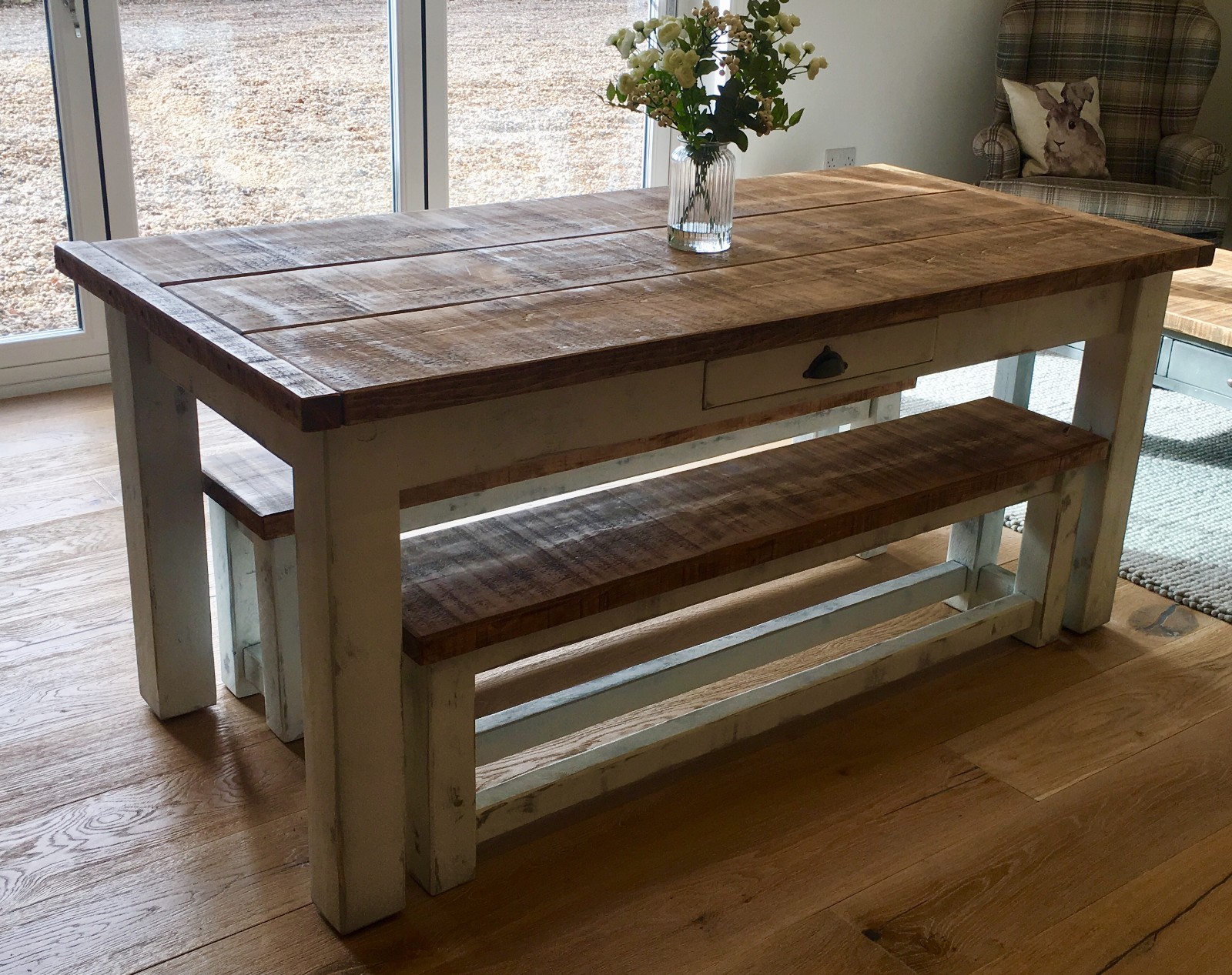 RUSTIC FARMHOUSE TABLE & BENCH SET PAINTED WHITE - MADE TO ORDER | eBay UK