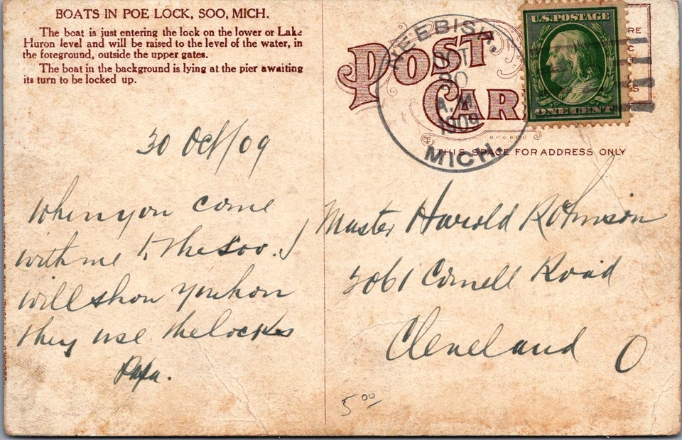 Boats in Poe Lock, Sault Ste. Marie Michigan 1909 Neebish PM Postcard ...