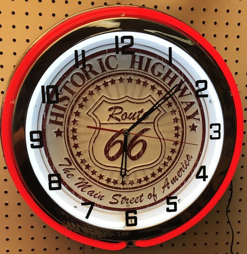 "18"" Route 66 Historic Highway Sign Double Neon Wall Clock Main Street ...