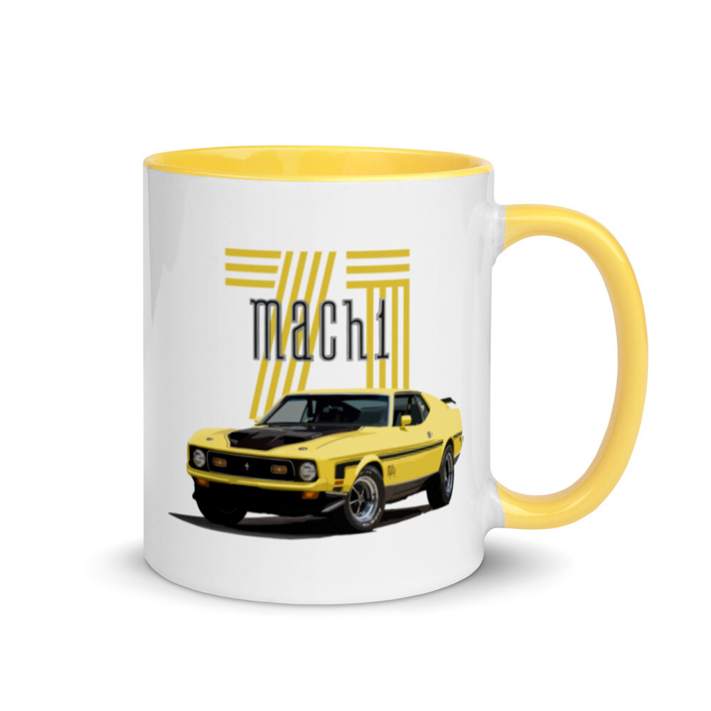 1971 Yellow Mustang Mach 1 Muscle Car Custom Art Mug with Color Inside ...