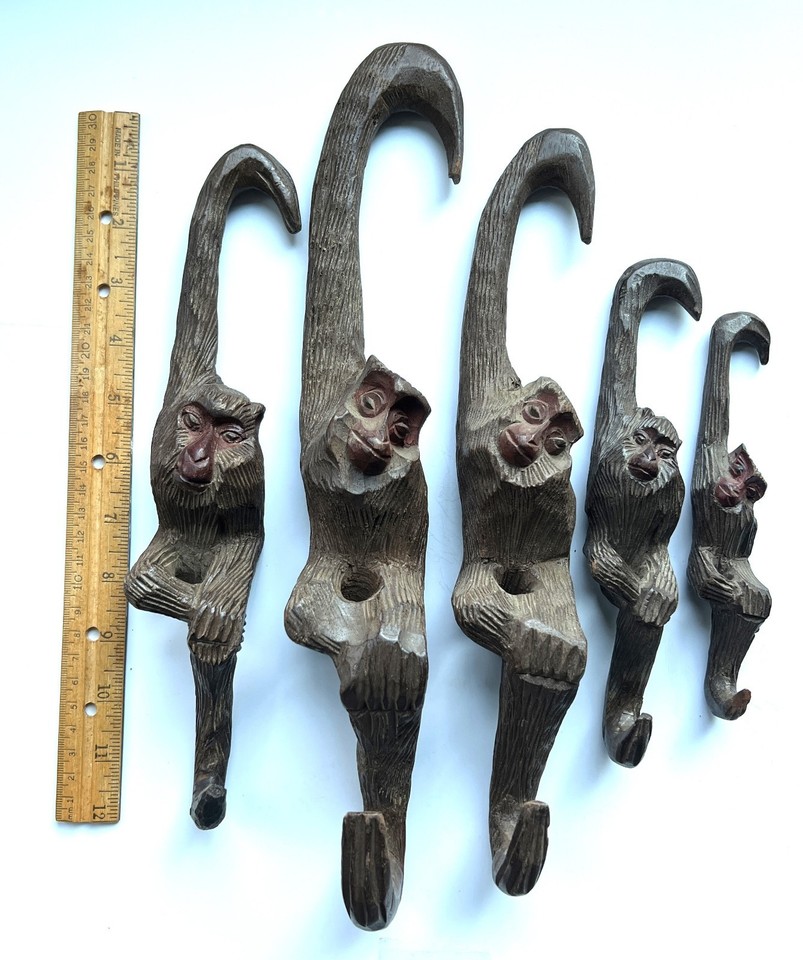 6 CARVED 7" -14" WOODEN MONKEYS CREATE HANGING CHAIN FUN ANTIQUE FOLK ...