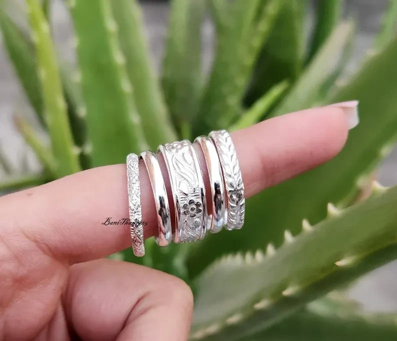 925 Sterling Silver Stacking Ring Set, Handmade Band Ring Jewelry All ...
