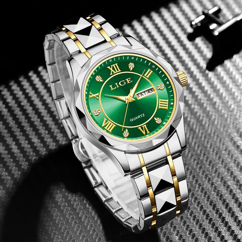 LIGE Men Watch Quartz Stainless Steel Luminous Date Green Dial Daily ...