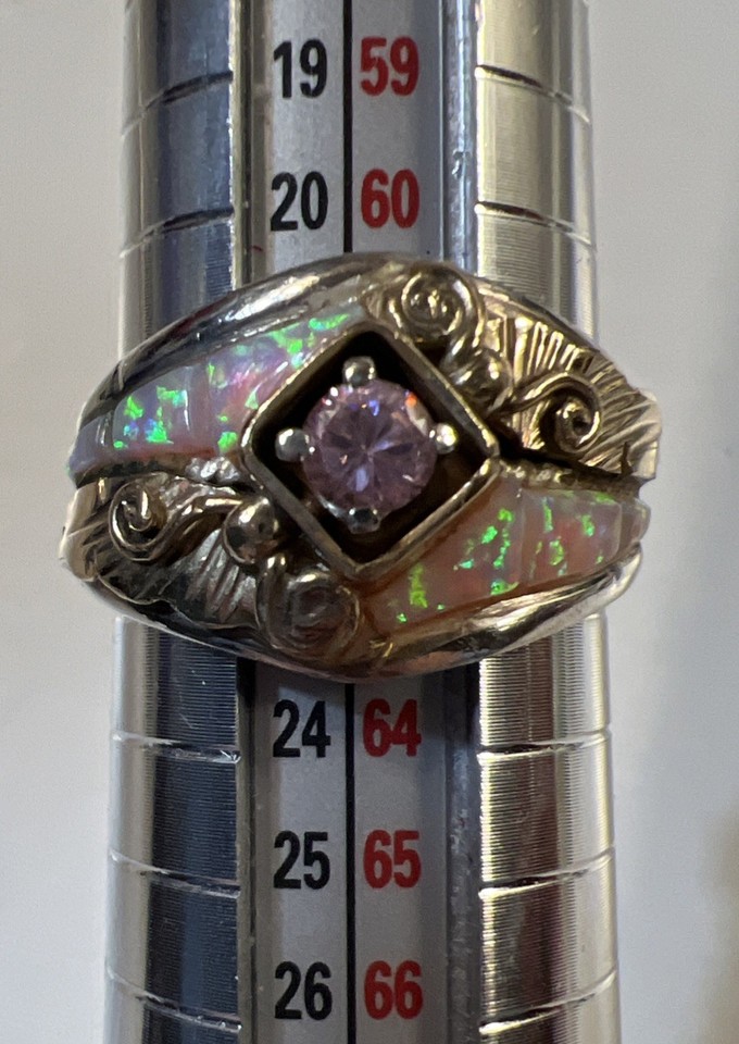 Navajo S. Ray 925 Silver & Rolled Gold Overlay Ring Pink Opal & Pink ...