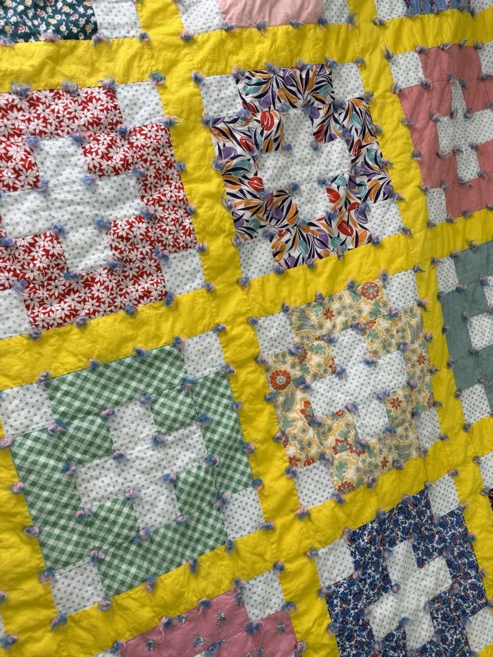 Handmade Plus Quilt Feed Sack Fabrics Hand Tied 72 x 87.5" light ...