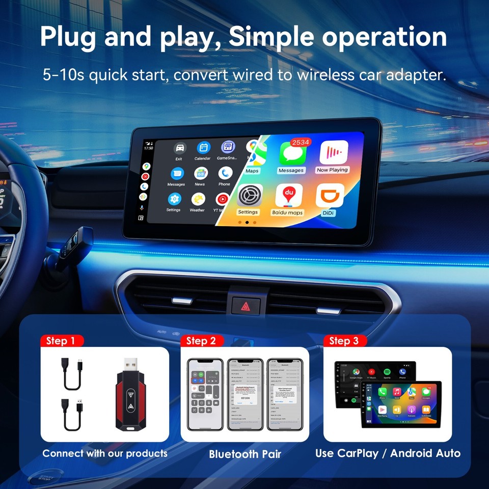 Bluetooth Wifi Android Auto Adapter Portable Wireless Apple Carplay ...