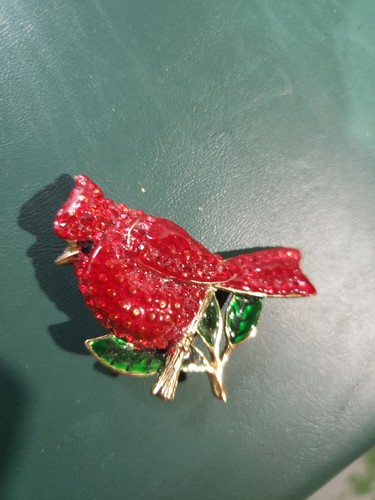 Red Cardinal with a Branch Rhinestone Pin with Gold Tones and Green ...