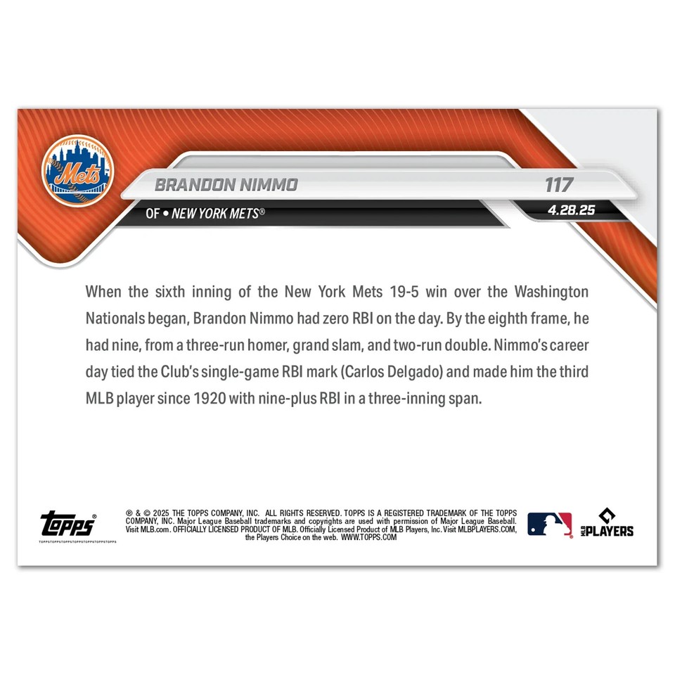 Brandon Nimmo - 2025 MLB Topps NOW® - Card 117 - 9 RBI Night -PRESALE ...