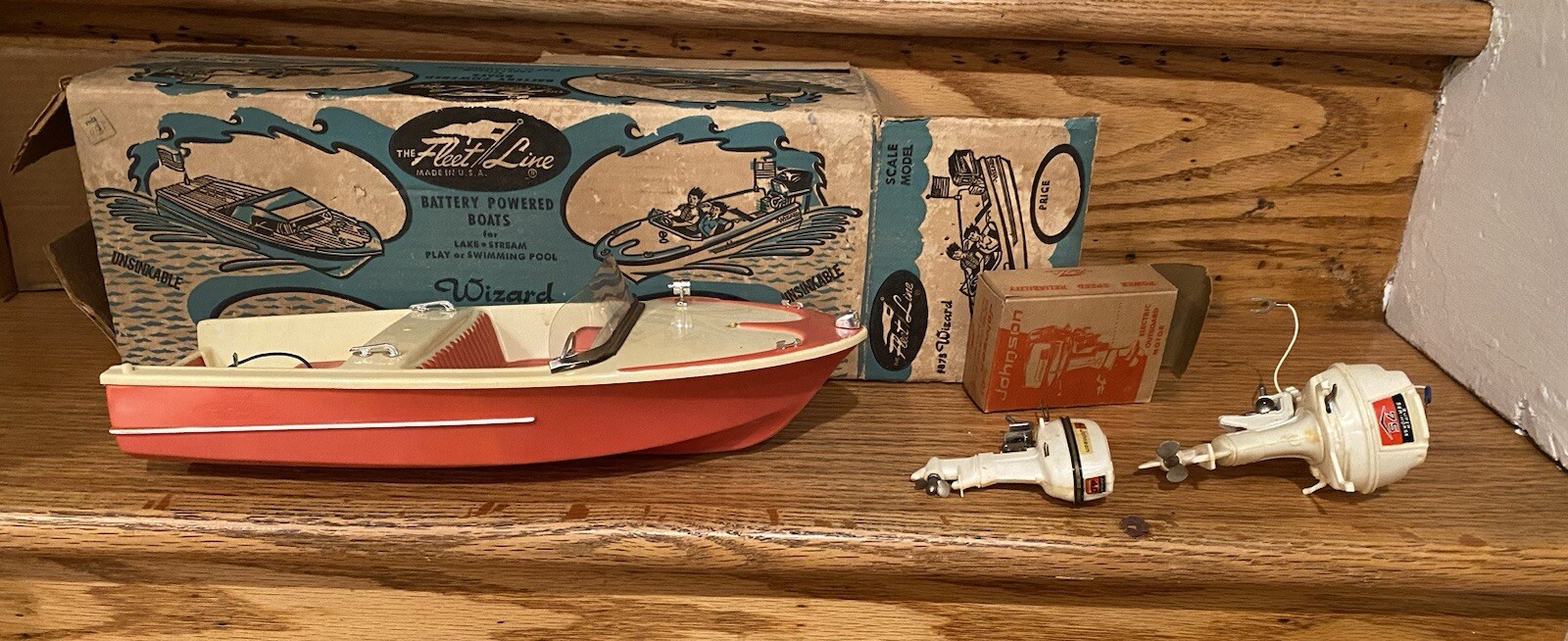 Fleet Line Wizard Boat With 2 Johnson Outboard Motors With Original Box ...