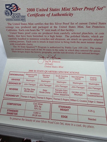 2000 US Mint "50 State Quarters" Silver Proof Set With COA, Quarters ...