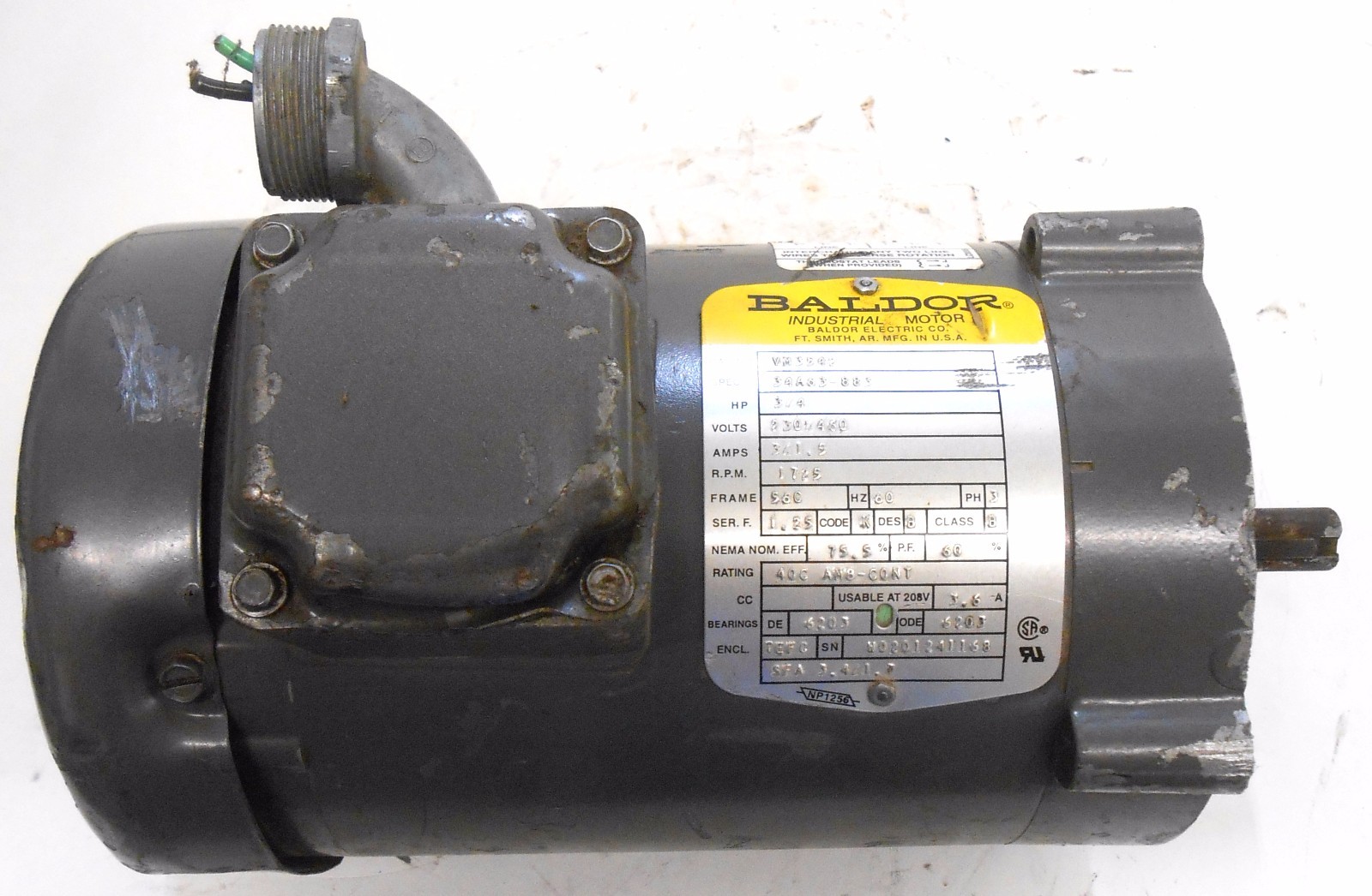 BALDOR INDUSTRIAL MOTOR, VM3542, 34A63-883, 3/4 HP, 230/460 VOLTS, 3/1 ...