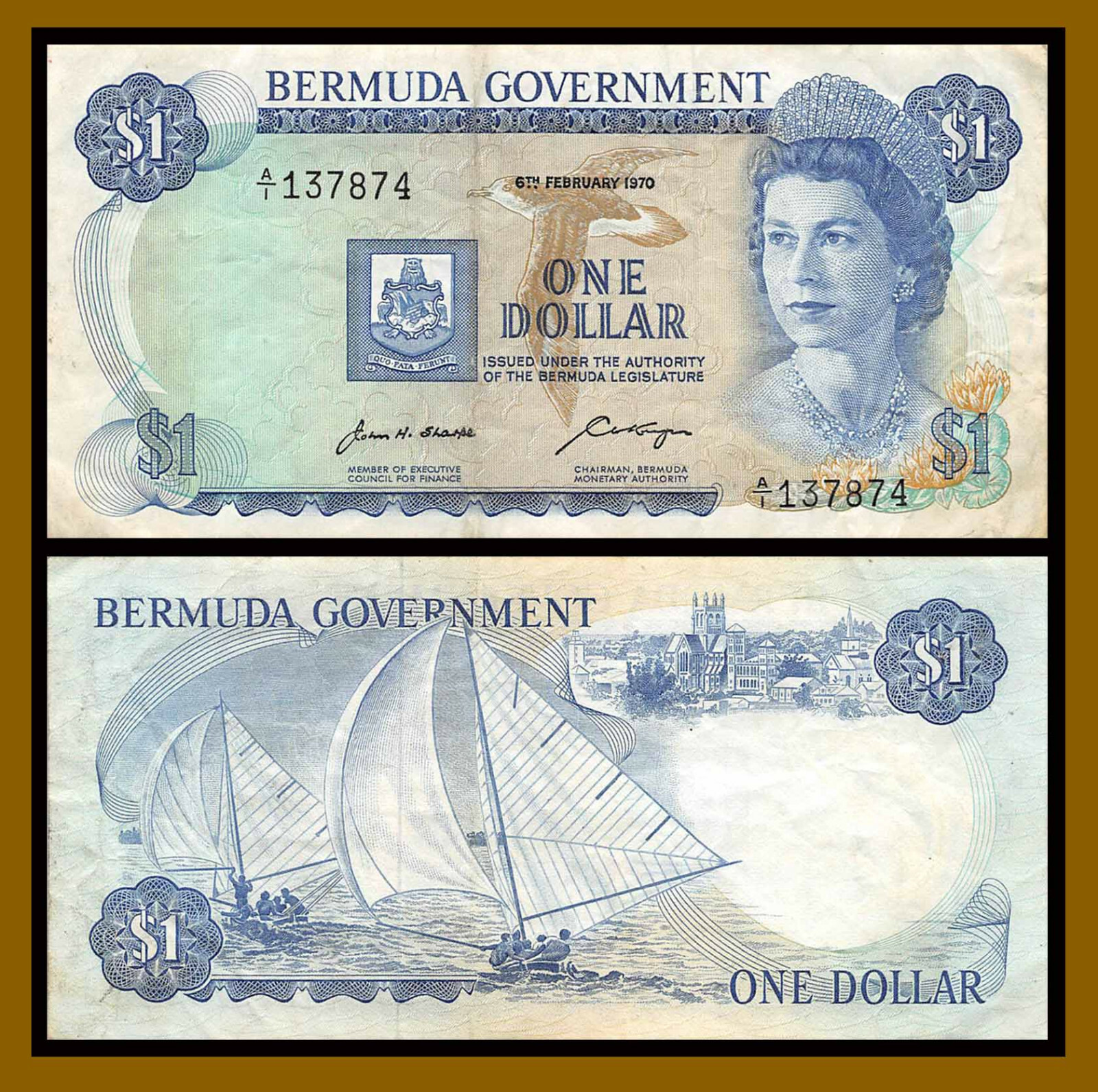 Bermuda 1 Dollar, 1970 P-23 First Prefix A/1 Queen Elizabeth II ...