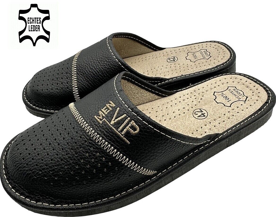 VIP Herren Leder Echtleder Hausschuhe Latschen Pantoffeln schwarz 40 ...