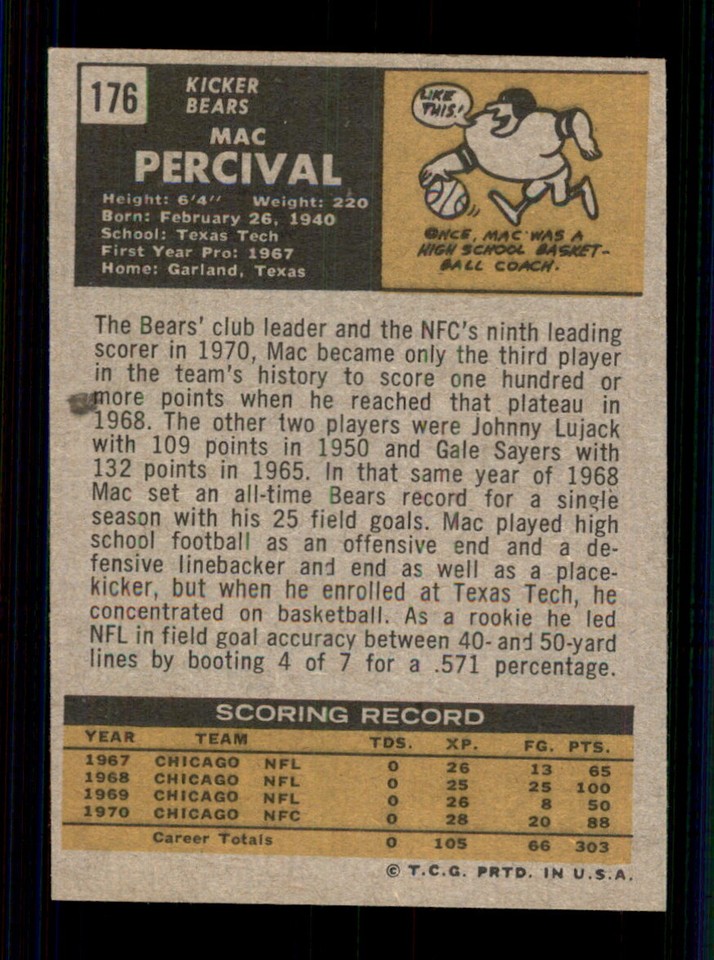 1971 Topps #176 Mac Percival - Crease Free | eBay