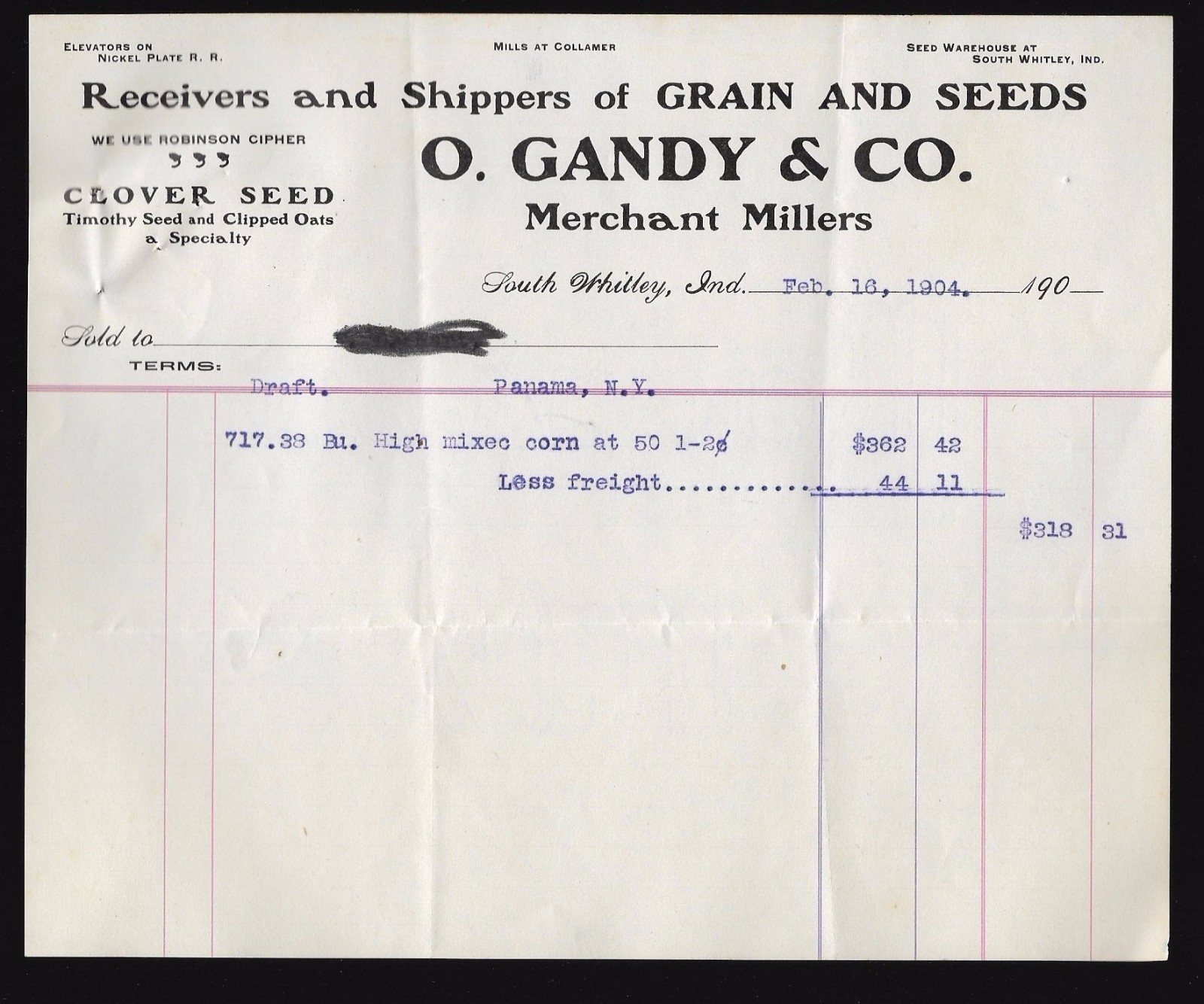 1904 O. Gandy & Co Merchant Millers Grain & Seeds BH & Check+ South ...