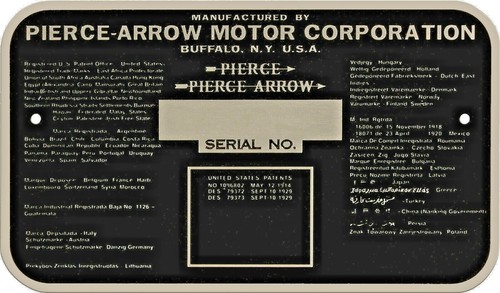 Pierce Arrow Car Truck Bus Acid Etched Data Plate 1920s & 1930s | eBay