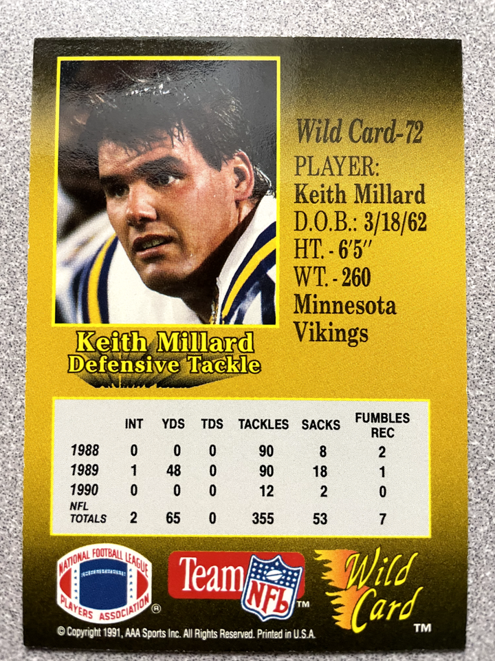 1991 Wild Card Keith Millard 5 Stripe Parallel Card #72 Minnesota ...
