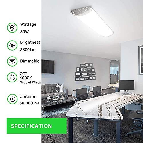 4FT LED Light Fixtures 80W 8800 Lumens, Dimmable 4 Foot LED Flush Mount ...