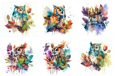 Handmade Watercolor Owls Colorful Collage 8x10 Craft Cotton Fabric ...