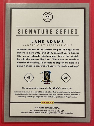 2015 Panini Donruss Lane Adams Signature Series Auto Rookie RC #14 ...