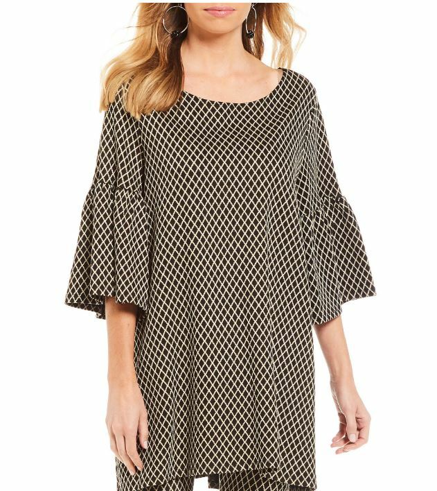 Bryn Walker Diego Black Ivory Bell Sleeve Diamond Print Tunic Shirt S ...