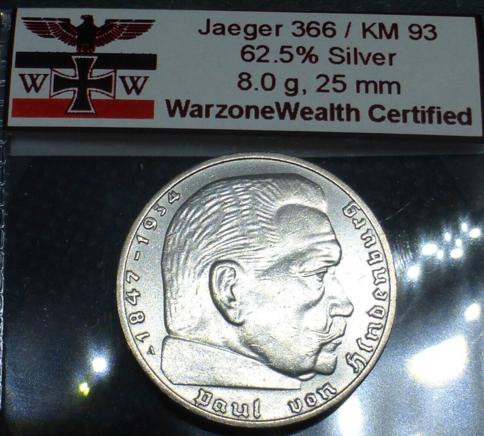 Beautiful Nazi Silver Coin Relic: 2 Reichsmark Historic WW2-Era ...