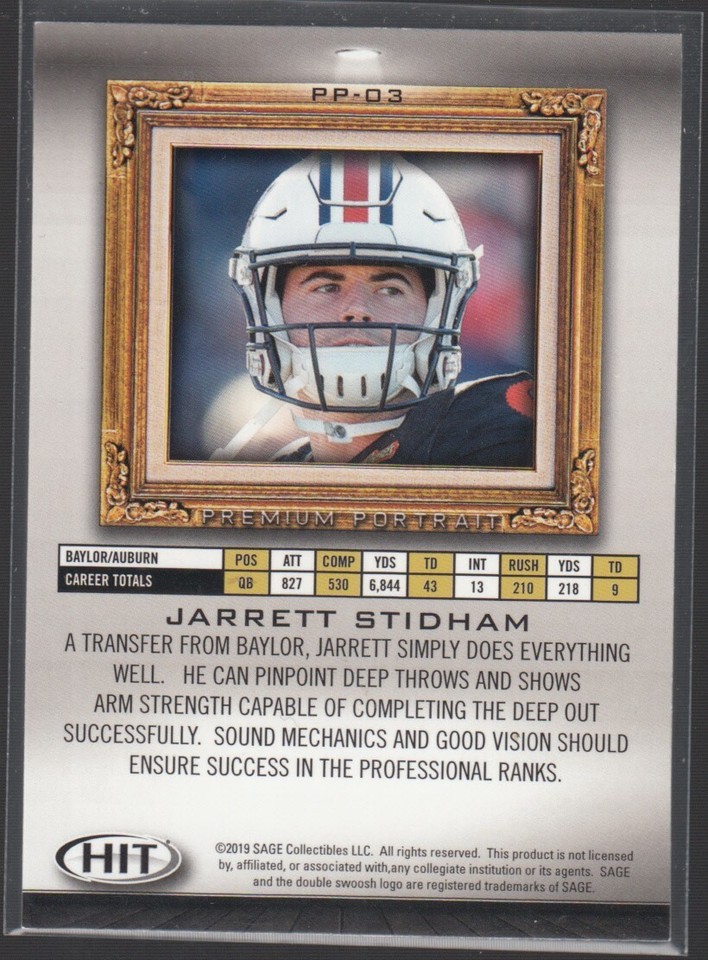JARRETT STIDHAM 2019 SAGE Hit Premier Draft #PP03 Premium Portraits RC ...