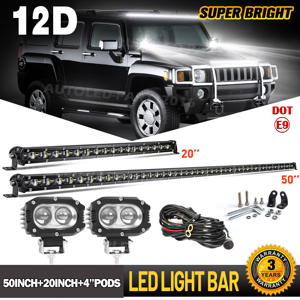 50"&20'' LED Light Bar+Pair 4'' Pods Combo For Hummer H1 H2 H3 Humvee ...