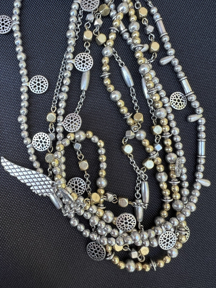 NWT lucky Brand Long Two Tone Multi Strand Metal Beads Layered Necklace ...