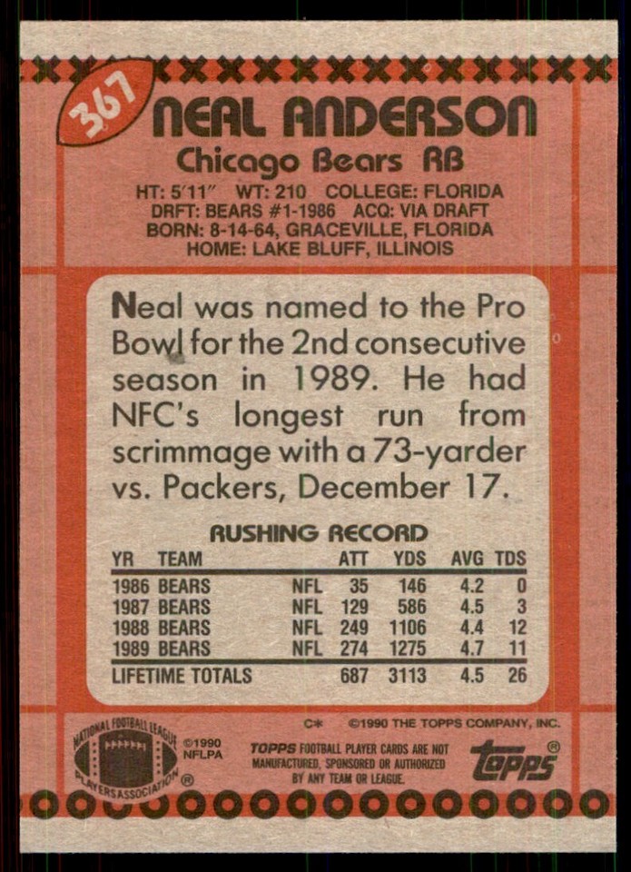 1990 Topps Neal Anderson Football Cards #367 | eBay