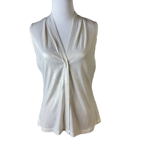 Calvin Klein V-neck Sleeveless White Gold Metallic Shell Top Womens ...