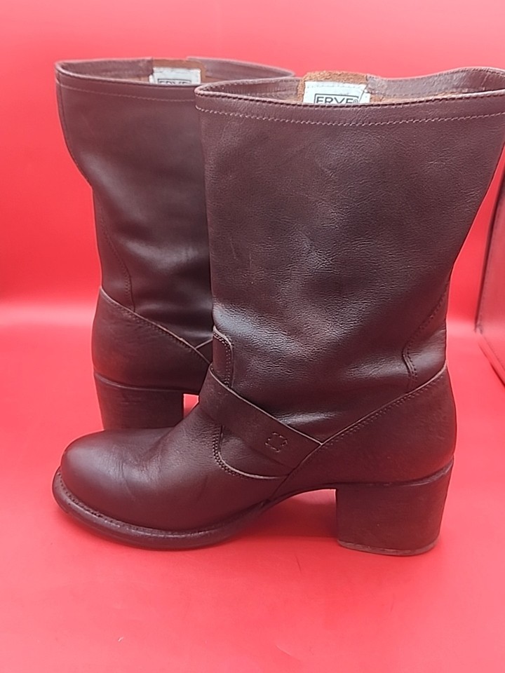 FRYE BROWN LEATHER Block Heel Veronica Short Moto Biker Harness Boots ...
