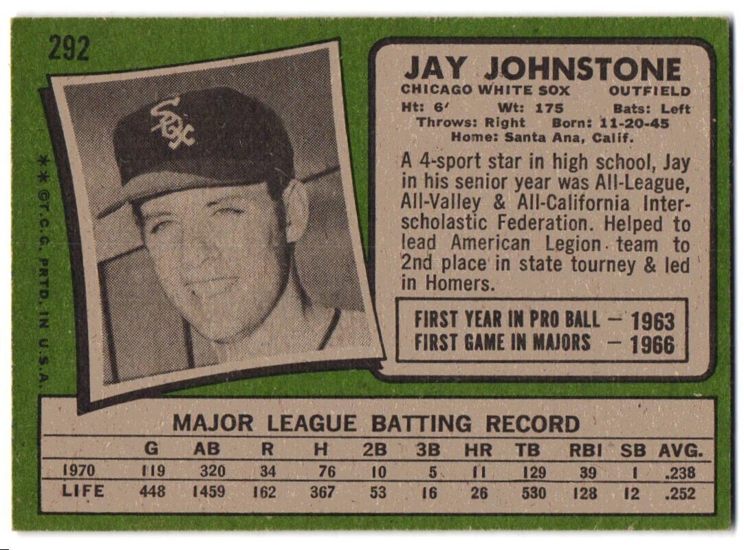 1971 Topps Baseball #292 Jay Johnstone Chicago White Sox - EX/MT | eBay
