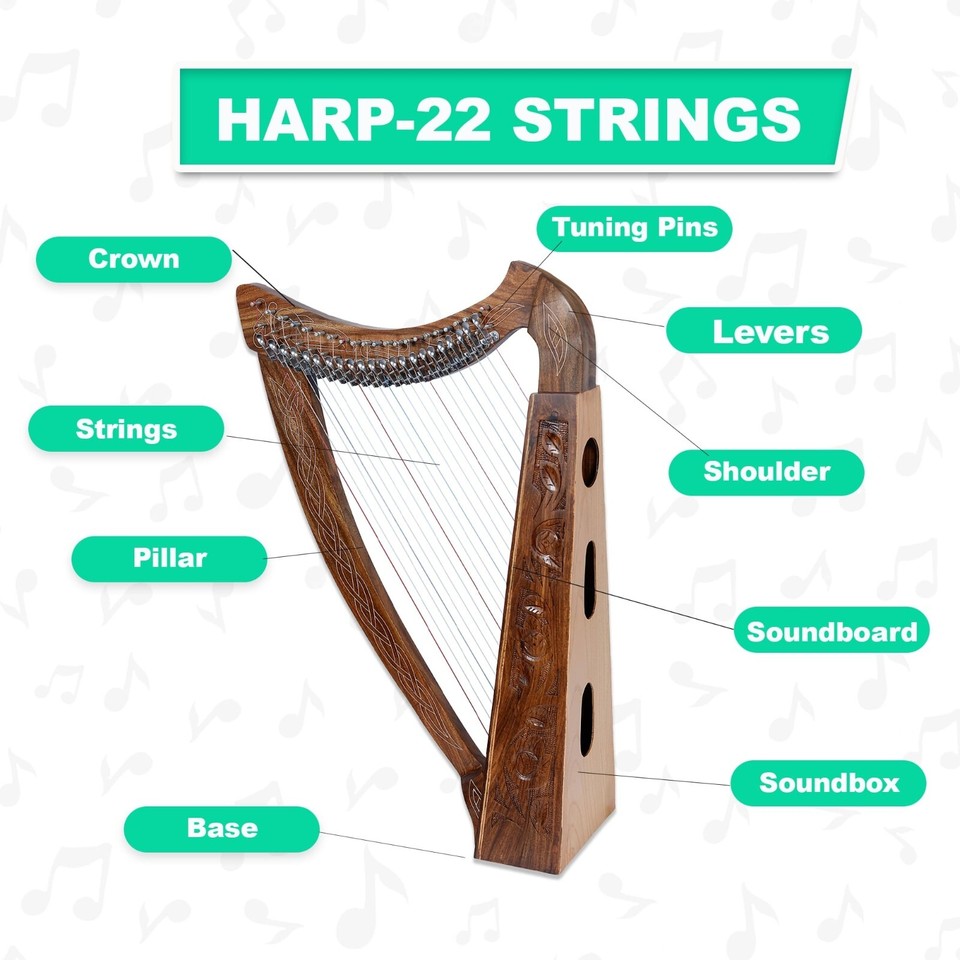 Irish Celtic Lever Harp 22 Strings Mahogany Wood w/ Gig Bag, Extra ...